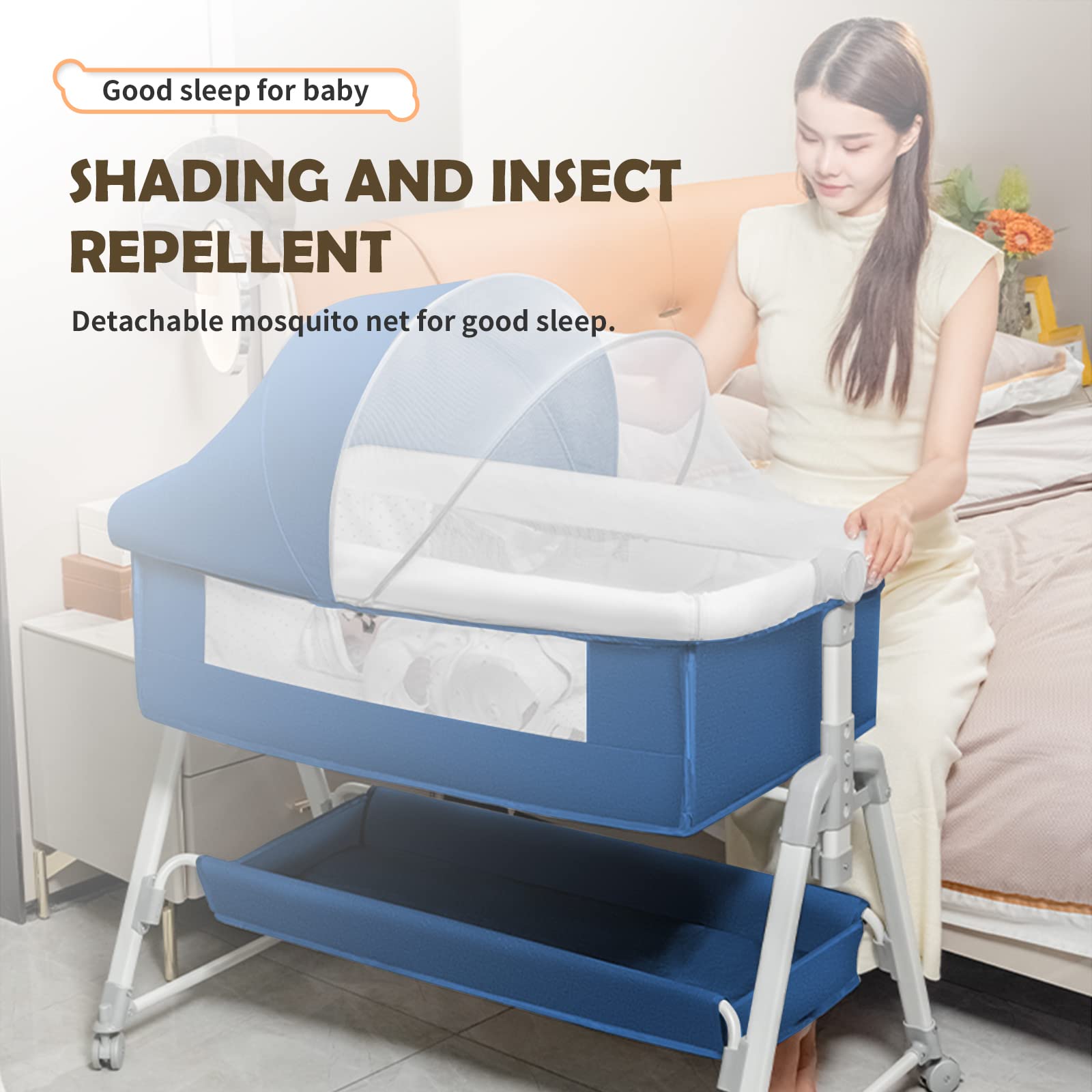 Scxfedor Bedside Bassinet for Baby,Baby Bedside Crib with Storage Basket, Bassinet Bedside Sleeper Adjustable Portable Bed for Infant,Baby Bassinets Bedside Sleeper(Blue)