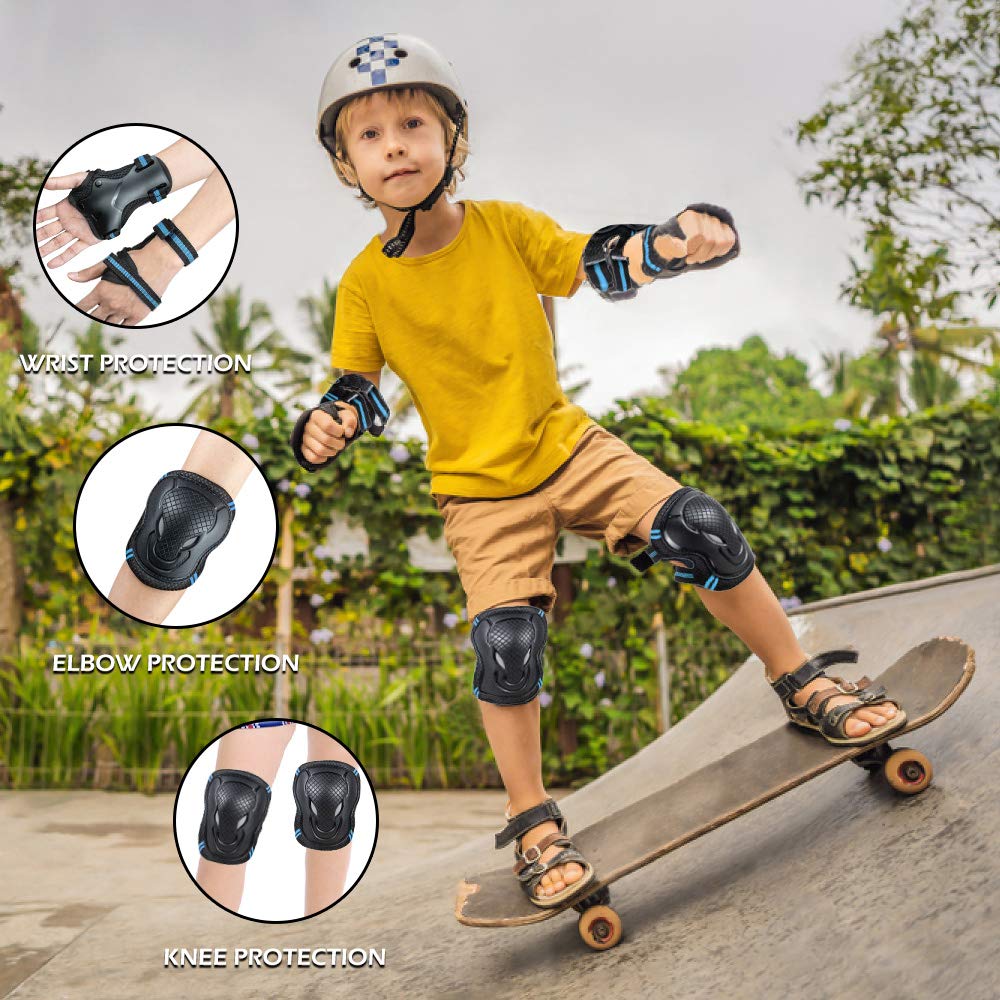 Labeol 6 Pack Kids & Adults Skateboard Ice Roller Skating Protective Gear Elbow Pads Wrist Guard Cycling Riding Knee Protector Set (Black and Blue, Medium)