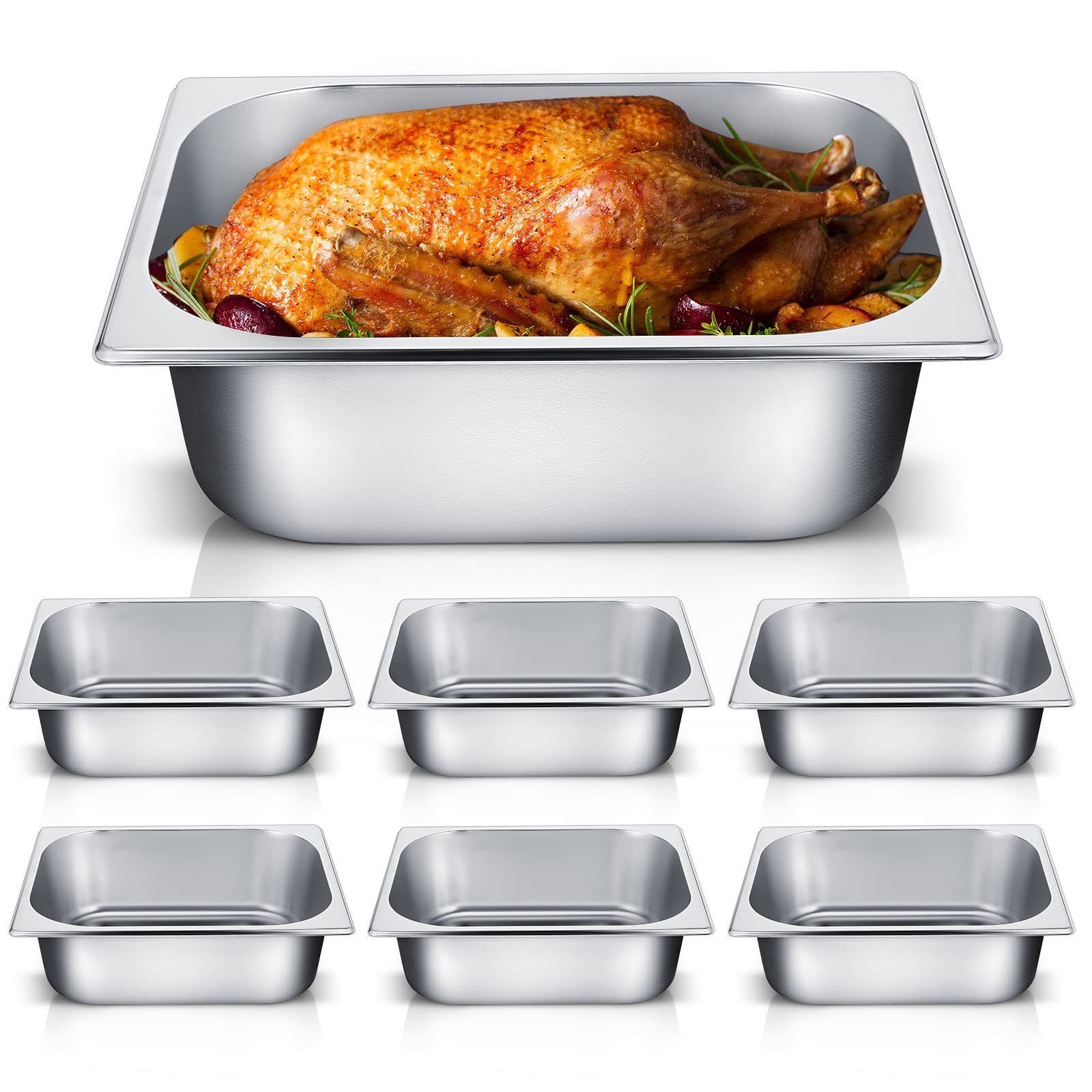 Steam Table Pan Hotel Pans 4 Inch Deep Commercial Stainless Steel Pans Food Catering Pans for Restaurant Buffet Dish Tray (6 Pack, 1/2 Size)