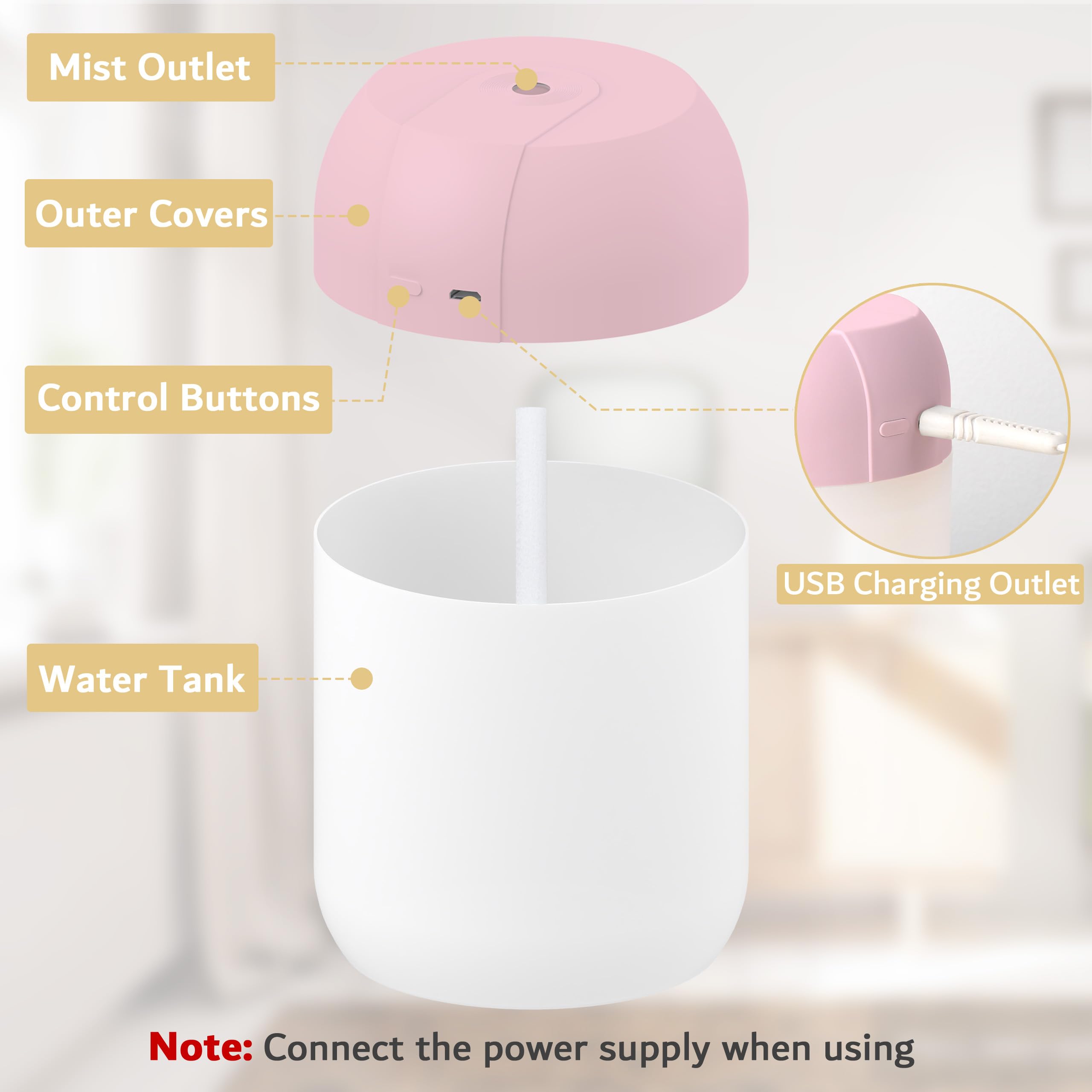 Portable Mini Humidifier, Small Cool Mist Humidifier with Night Light, USB Personal Desktop Humidifier for Baby Bedroom Travel Office Home, 2 Spray Modes, Waterless Auto Shut-Off, Super Quie (Pink)