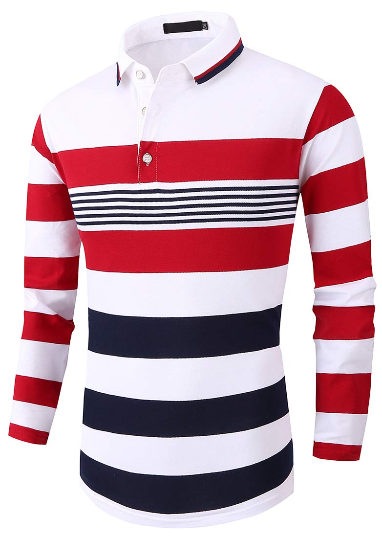 Men Polo Shirts Long Sleeve - Striped Golf Polo Shrts Dress Tshirts Top Slim Fit Stylish Blue and White Size M