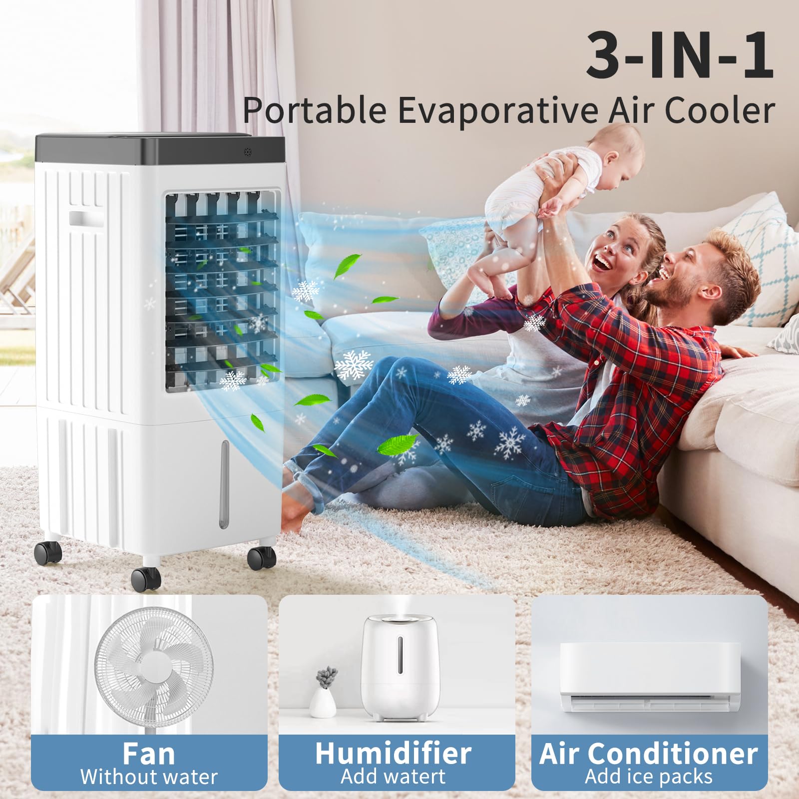 Portable Air Conditioner with 2 Gal Water Tank, 3 IN 1 Evaporative Air Cooler, Fast Cooling Fan with Remote & 3 Speeds & Timer, ac unit, 110V Small Air Conditioner Humidifier Indoor Office