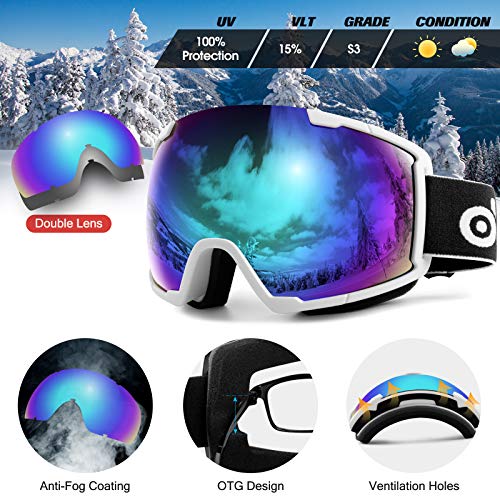 Odoland Ski Helmet with Ski Goggles, Multi-Options Snowboard Helmet and Goggles Set for Men Women and Youth, White, M