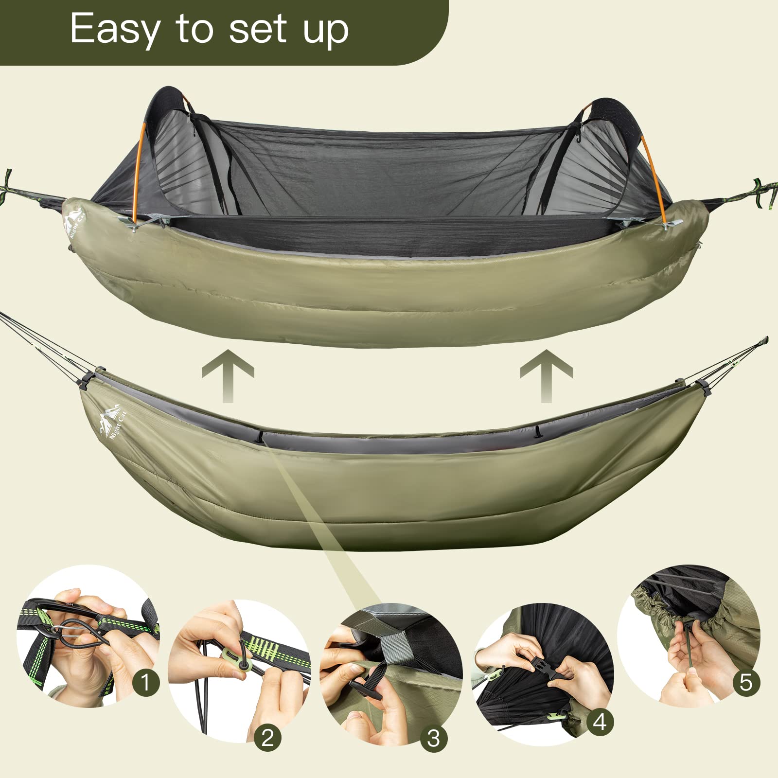 Night Cat Hammock Underquilts Sleeping Bag Single Insulated Under Blanket for Hammock 4 Seasons Lightweight Soft Warm 5-20β 8x3.6ft Army Green