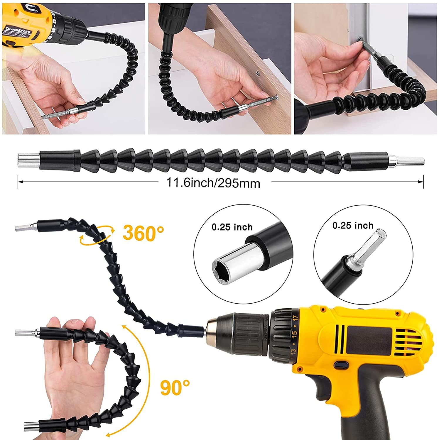 MXiiXM Flexible Drill Bit Extension & Universal Socket Wrench Tool Set, 105° Right Angle Drill Attachment, 1/4 3/8 1/2" Universal Socket Adapter Set, 3Pcs Screwdriver Bit Holder & Screwdriver Bit Kit