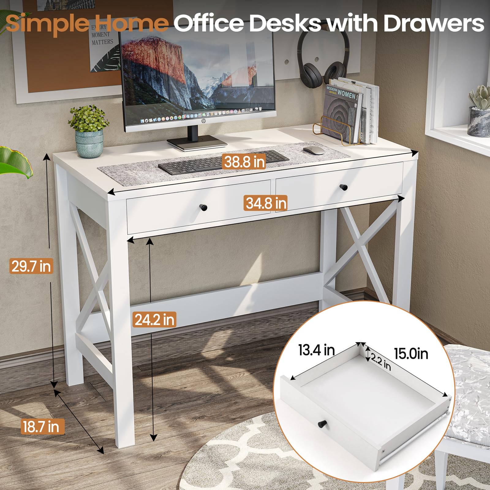 PATIOHIT White Writing Desk with Drawers for Study Home Office 40 inch Simple Desks for Bedroom Modern Makeup Vanity Console Table with Storage