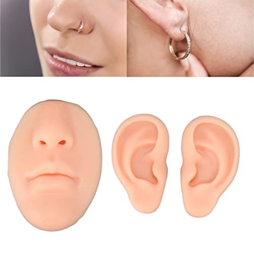Silicone Ear Nose Model, Piercing Training Model Silicone Ear Model for Beginners, Simulated 3D Nose and Mouth Model, Teaching Tool for Piercing Exercises (Light Skin Color)