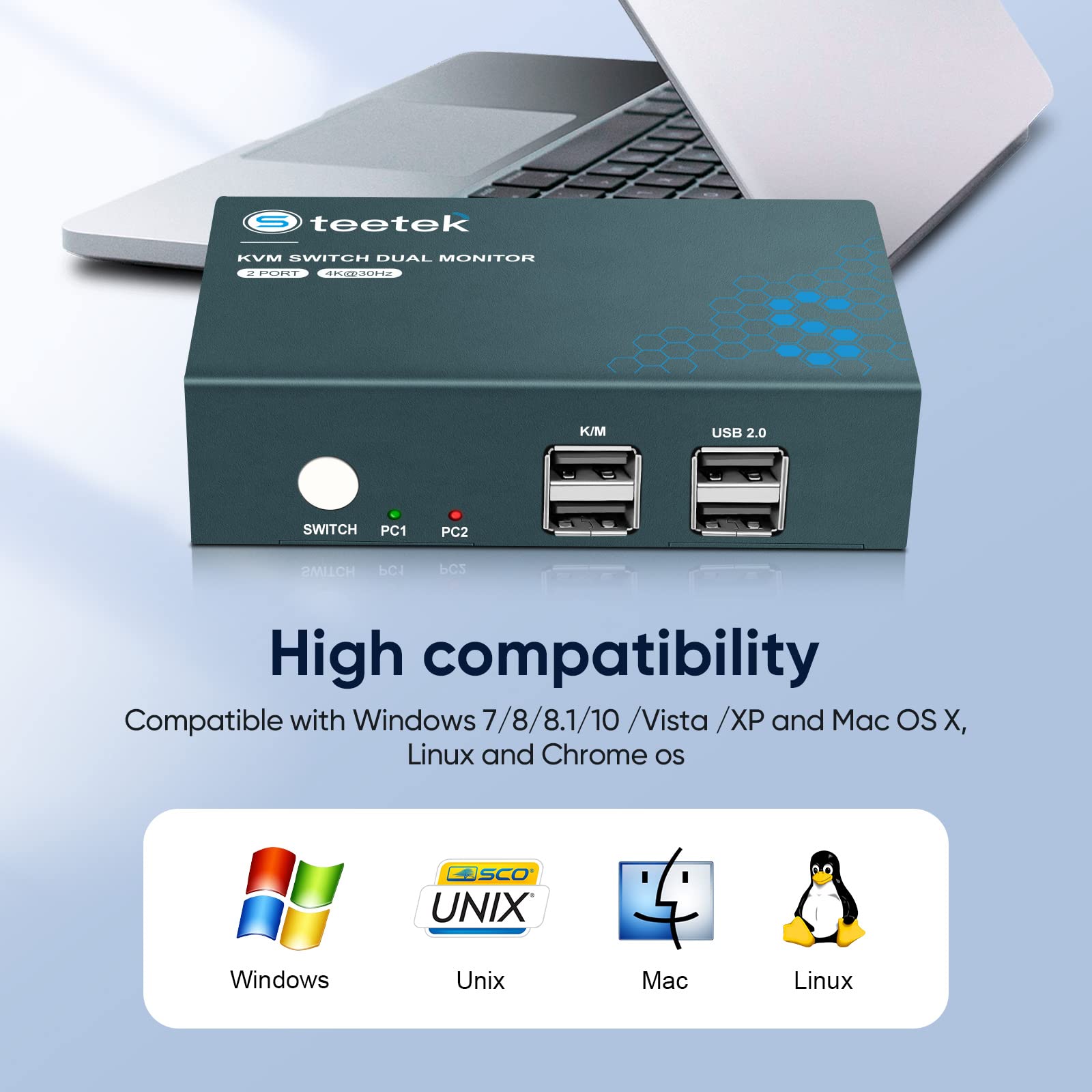 Steetek Dual Monitor KVM Switch 2 Port 4K@30Hz, HDMI KVM Switch Extended Display for 2 Computers Share 2 Monitors and 2 USB 2.0 Hub, Hotkey Switching, 4 HDMI and 2 USB Cables Included.
