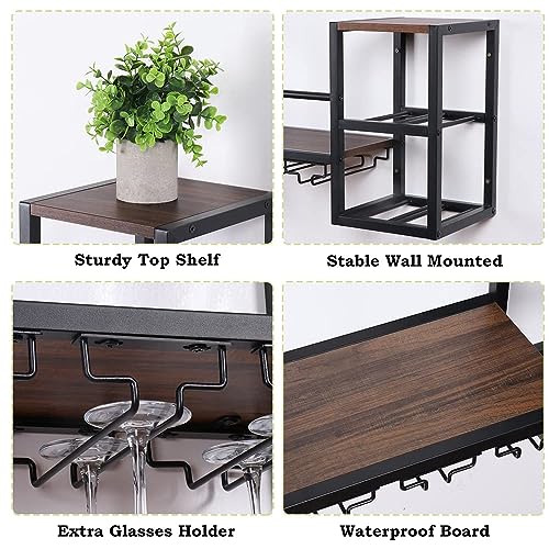 Kokorona Hanging Wine Rack Wall Mounted, Industrial Pipe Wine Rack with 3 Stem Glass Holder, Liquor Bottle Display Shelf Floating Bar Shelves for Wine Bottles