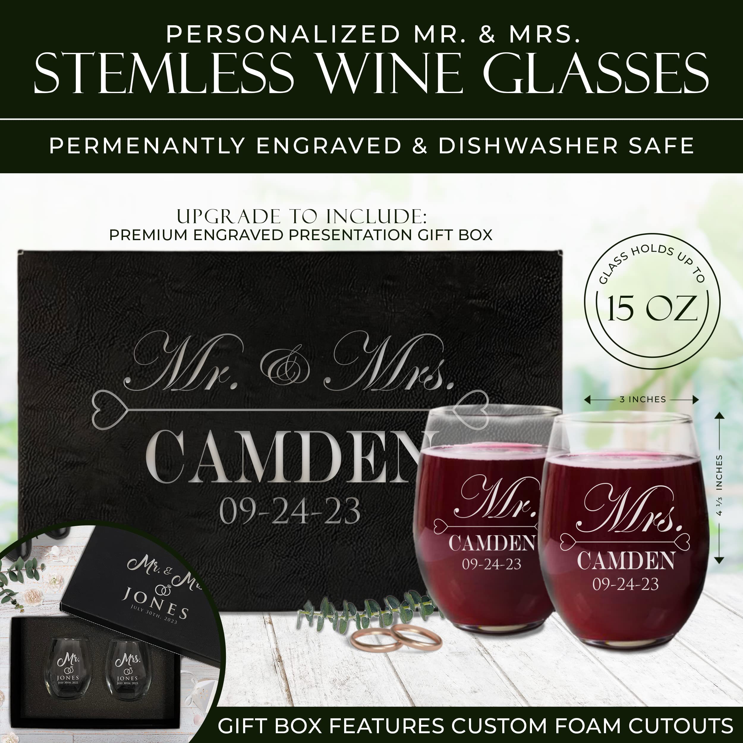 Mr and Mrs Wine Stemless Glasses - Personalized Engraved Wedding for Couples - Custom Monogrammed - Set of 2