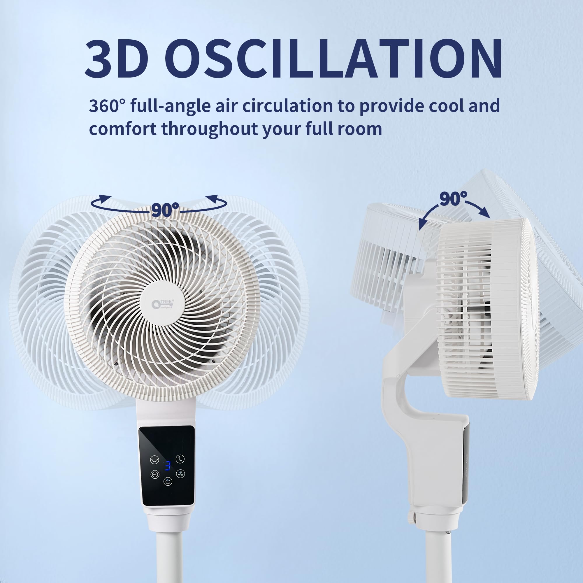 QTREE intelligence Oscillating Pedestal Fan, 360° Air Circulator Fan, 43.3inch Adjustable Height 11.8'' Standing Fan, Timer, 3 Modes, Smart Remote Control for Home, Office, Kidroom,Living Room