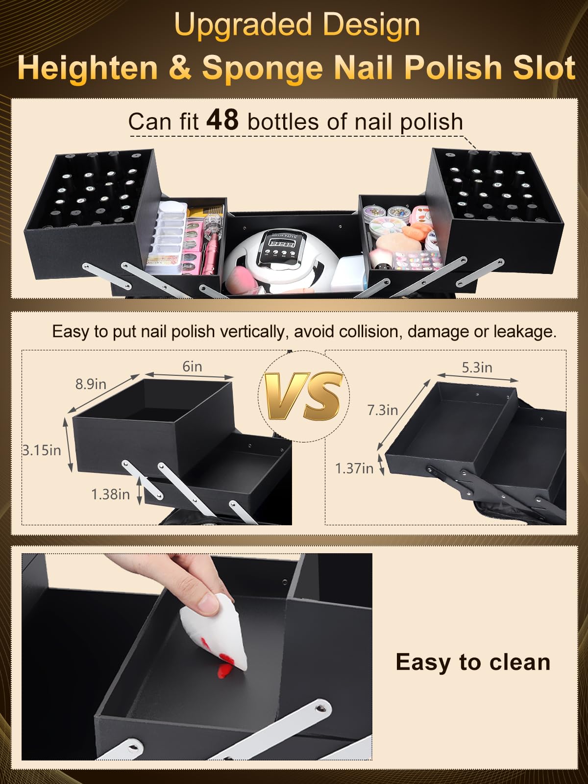 Quaferen Makeup Train Case, Large Plus Size Cosmetic Organizer, 4 Tier Nail Tech Supply Storage, Black Waterproof Nail Polish Organizer Bag for Travel
