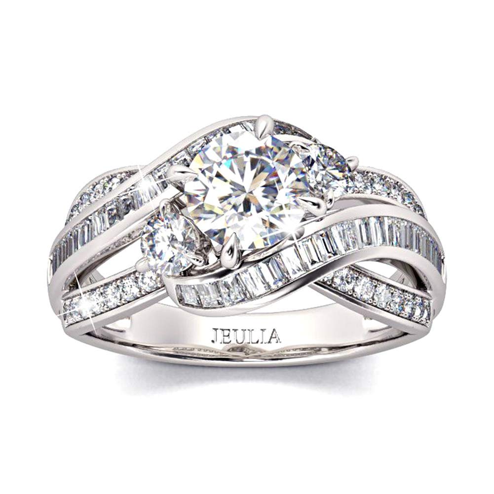 Jeulia Three Stone Round Cut Sterling Silver Ring Intertwined Engagement Rings for Women Cubic Zirconia Diamond Crossover Statement Ring Set Anniversary Promise Bridal Set with Gift Box (6)