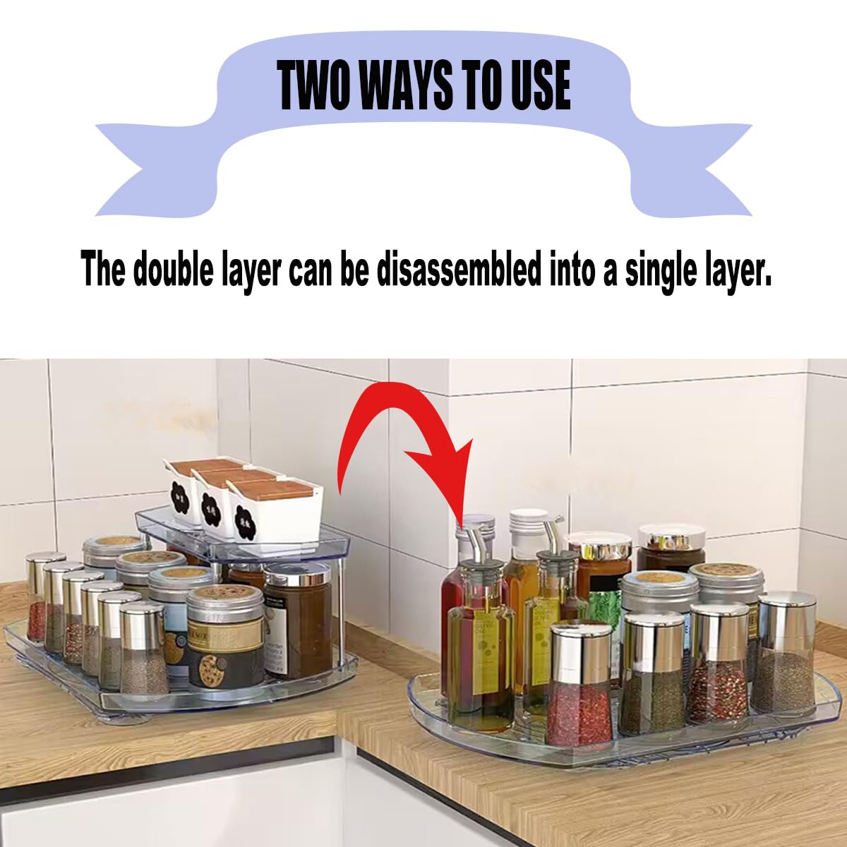LIECHO Double-Deck Clear Rectangular Turntable Organizer for Refrigerator,Lazy Susan Spinning Food Storage Container for Spices,Condiments, Beer Beverage ,16.54 Inches
