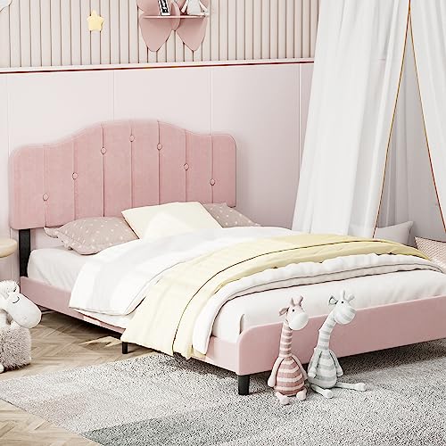 IKIFLY Velvet Upholstered Full Size Bed Frame - Button Tufted Full Platform Bed with Adjustable Headboard, Solid Wood Slats Support, No Box Spring Needed, Easy Assembly - Pink