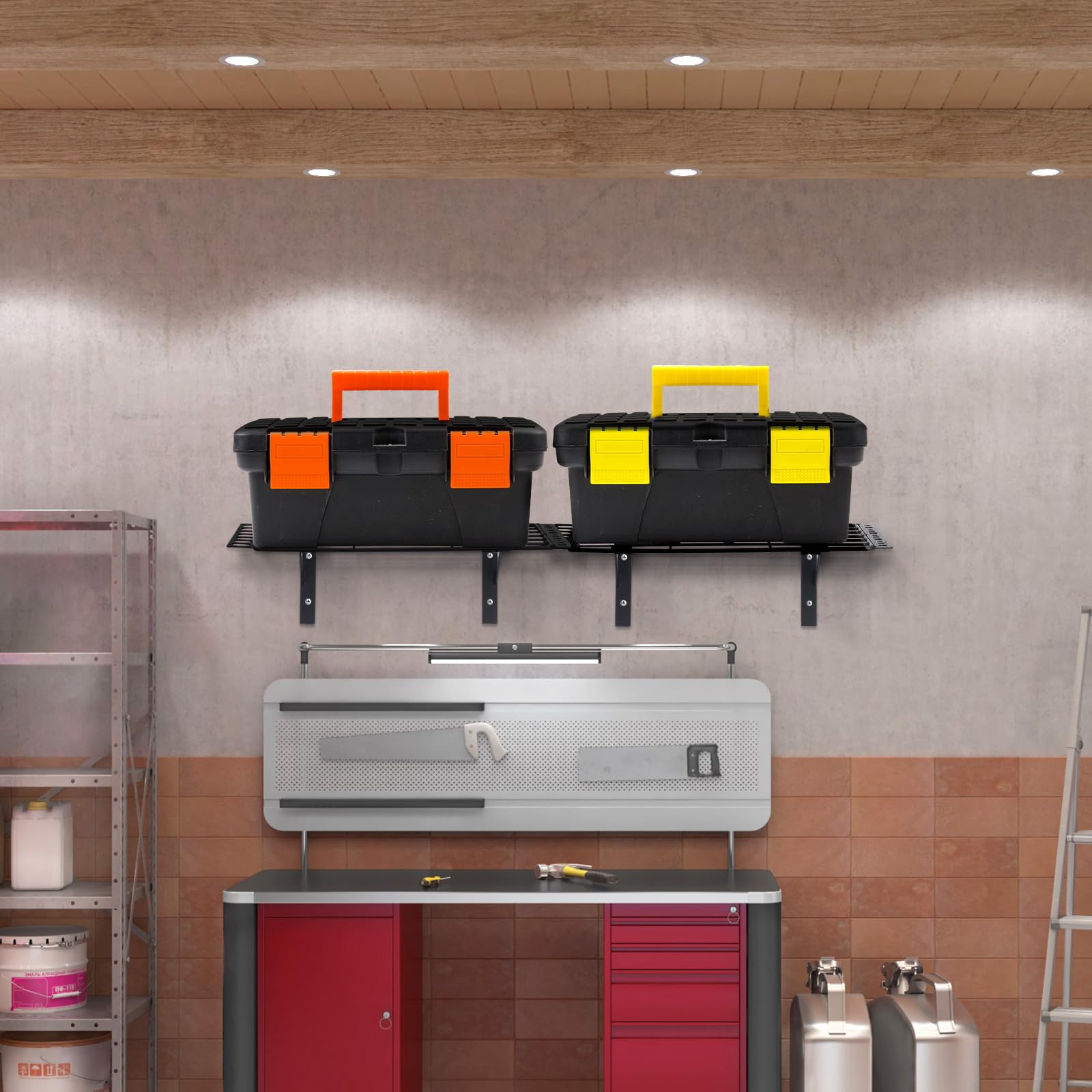 Threehoney 2 Pack Garage Shelves Wall Mounted Heavy Duty Garage Shelving Tool Organizer for Home Garden Shop Shed Garage Organization and Storage, Each 50lb Load Capacity, Black,15.8" x 7.9"