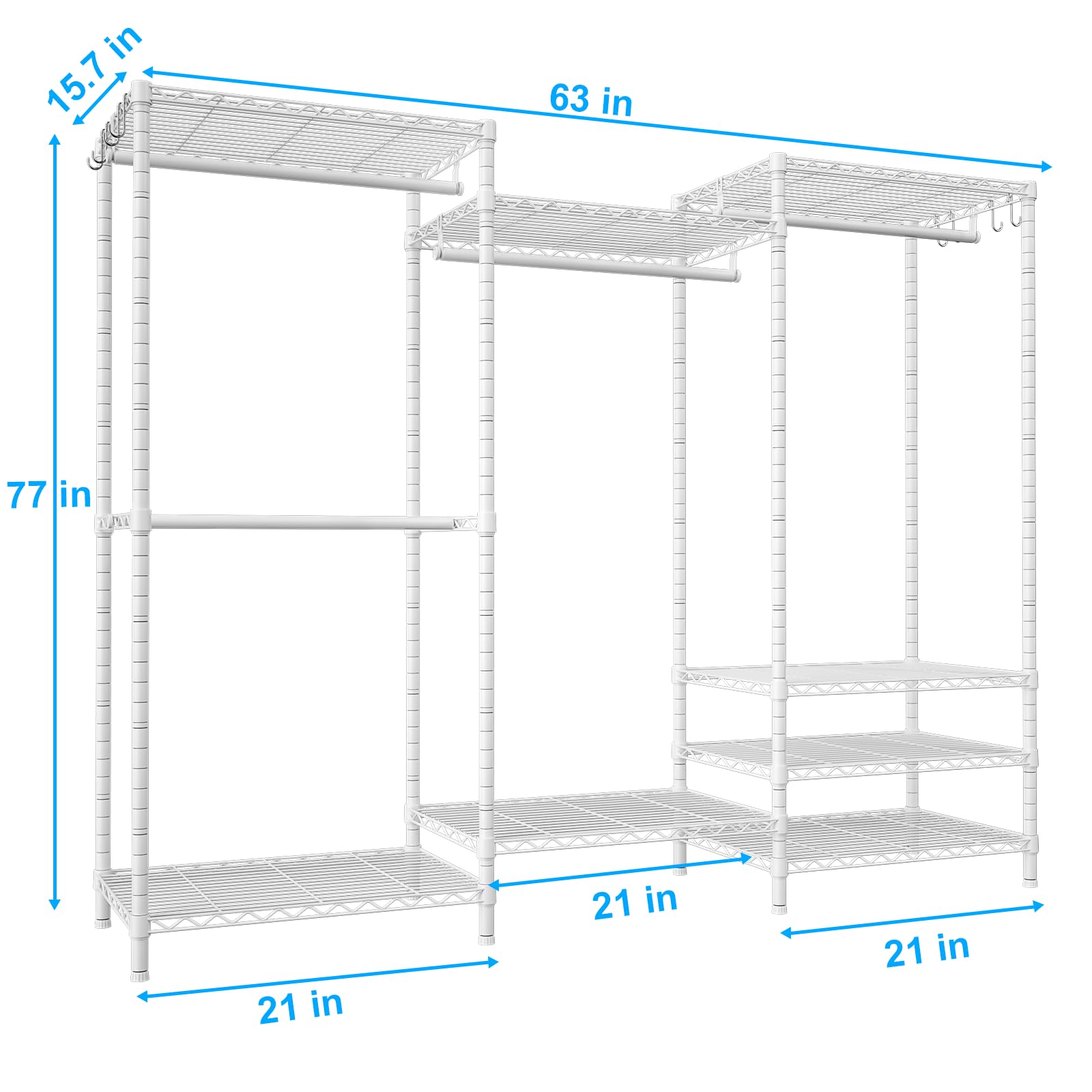 Ulif E13 Heavy Duty Clothes Rack(With 4 Hanger Rods & 8 Shelves) Freestanding Clothing Racks for Hanging Clothes,Adjustable Closet Organizer,Metal Garment Rack 63" W x16 D x77 H,Max Load 900LBS,White