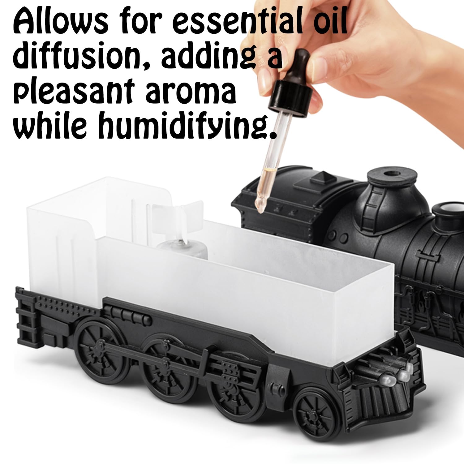 Portable Mini Humidifier, 300ml Retro Train Humidifier for Bedroom, Living Room, Office Magic Train Humidifier, 2 Spray/Night Light Modes, Long-lasting Moisturization(Black)