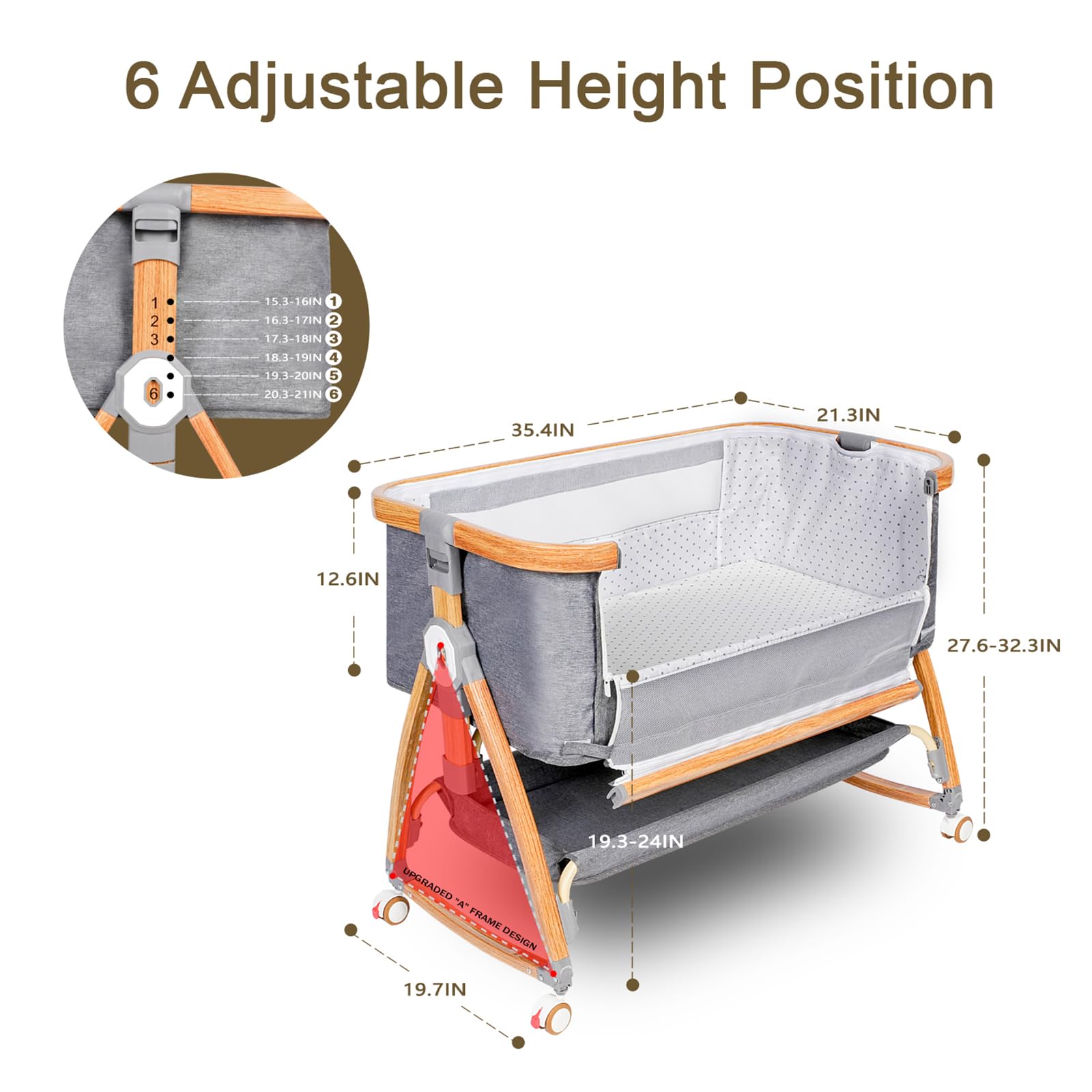 Komcot Baby Bassinet, Bedside Bassinet for Baby, 6 Height Adjustable Baby Bed, 3 in 1 Bassinet Bedside Sleeper with Wheels, Mosquito Net, Portable Bedside Crib for Infant/Baby/Newborn (Light Grey)