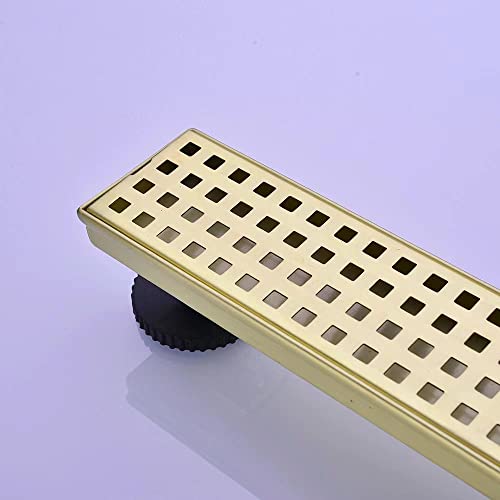Nicmondo Linear Shower Drain 24 Inch, Bathroom Rectangular Floor Drain with Removable Cover Grid Grate, Adjustable Leveling Feet, Hair Strainer, SUS304 Stainless Steel Trench Drains, Brushed Gold