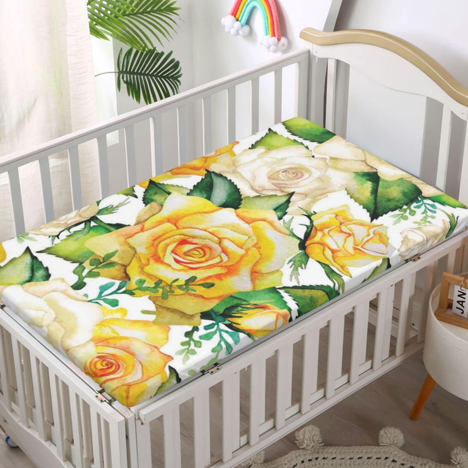 Rose Themed Fitted Mini Crib Sheets,Portable Mini Crib Sheets Soft and Breathable Bed Sheets-Crib Mattress Sheet or Toddler Bed Sheet,24β x38β,Yellow Beige Green