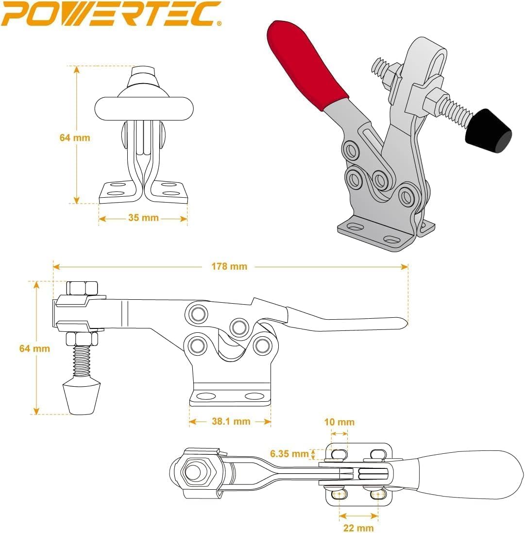 POWERTEC 20326 Quick-Release Horizontal Toggle Clamp 225D - 500 lb Holding Capacity w Rubber Pressure Tip, 4PK
