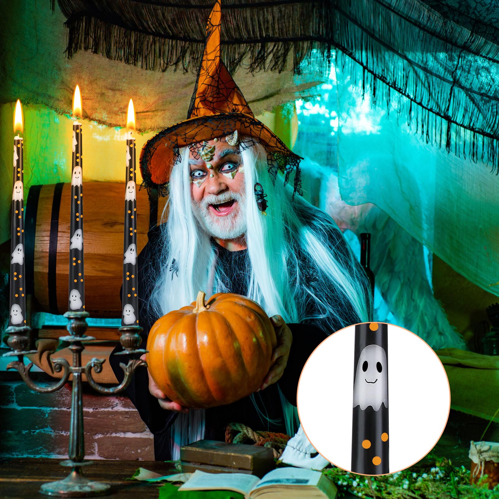 Threlaco 6 Pcs 9.8" Black Halloween Taper Candles Ghost Candles Unscented Taper Candles Ghost Halloween Decor for Halloween Dinner Table Party Gift Home Decorations