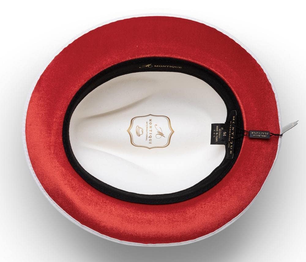 MONTIQUE White Matching Grosgrain Ribbon 2 3/8" Brim Red Bottom Wool Felt Dress Hat H-75