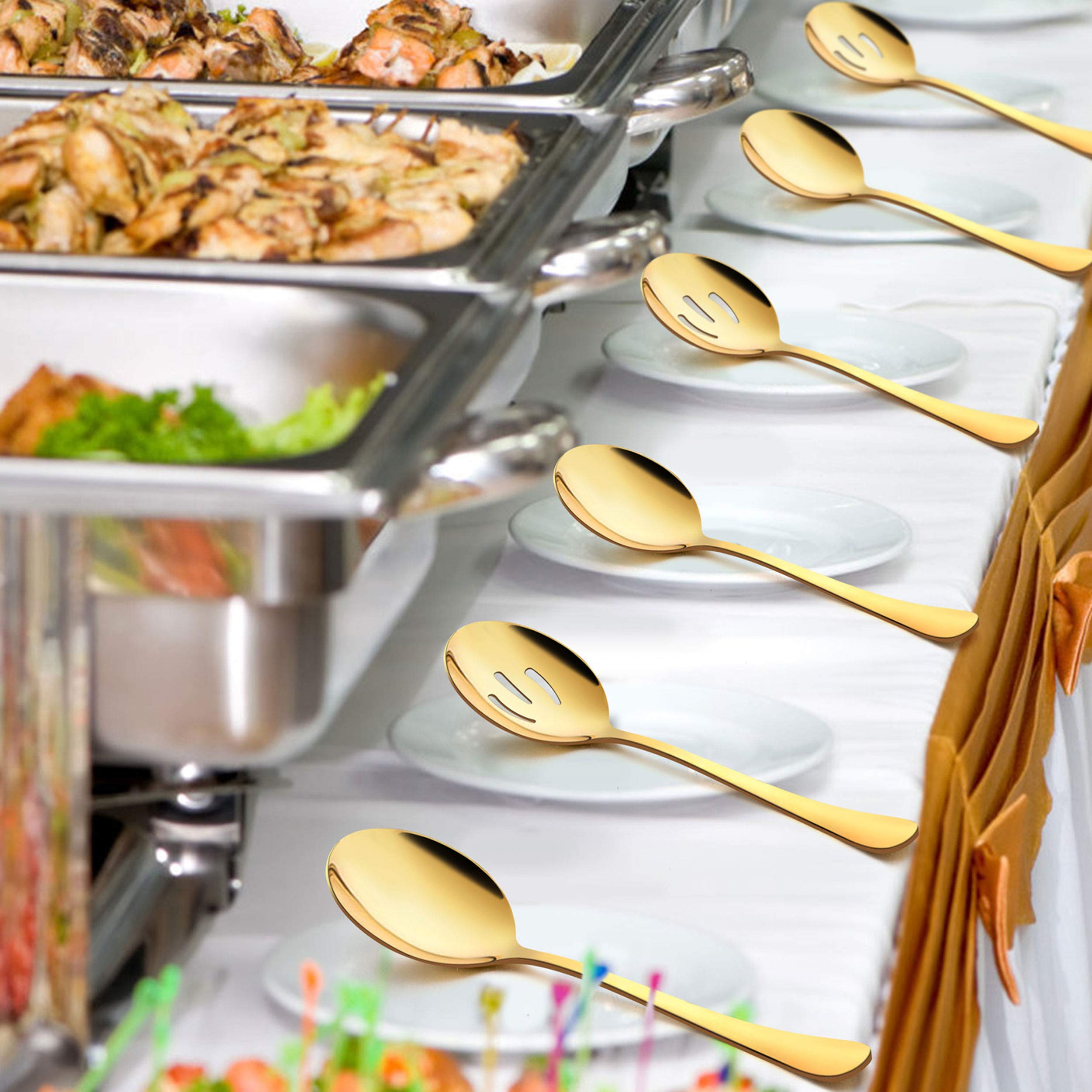 LIANYU 8 Pack Gold Serving Spoons, Gold Slotted Serving Spoons, 8 3/4 Inch Stainless Steel Serving Utensils Spoon Set for Banquet Catering Buffet Dinner Restaurant Party