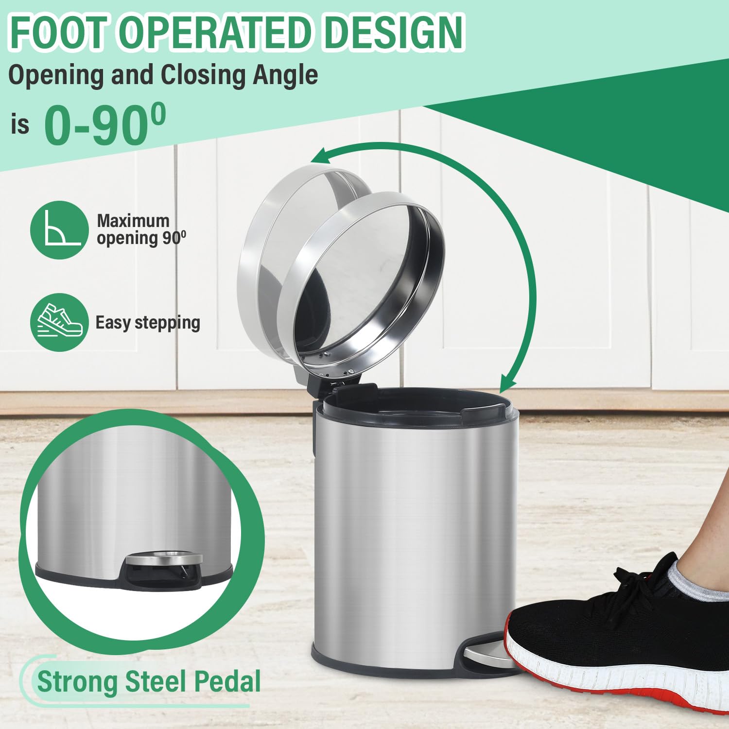 Stainless Steel Round Metal Step Garbage Bin Bathroom Trash Can 6 Liter/1.6 Gallon Small Garbage Can Trashcan with Lid Step Pedal, Removable Inner Bucket Wastebasket for Kitchen Office(2)