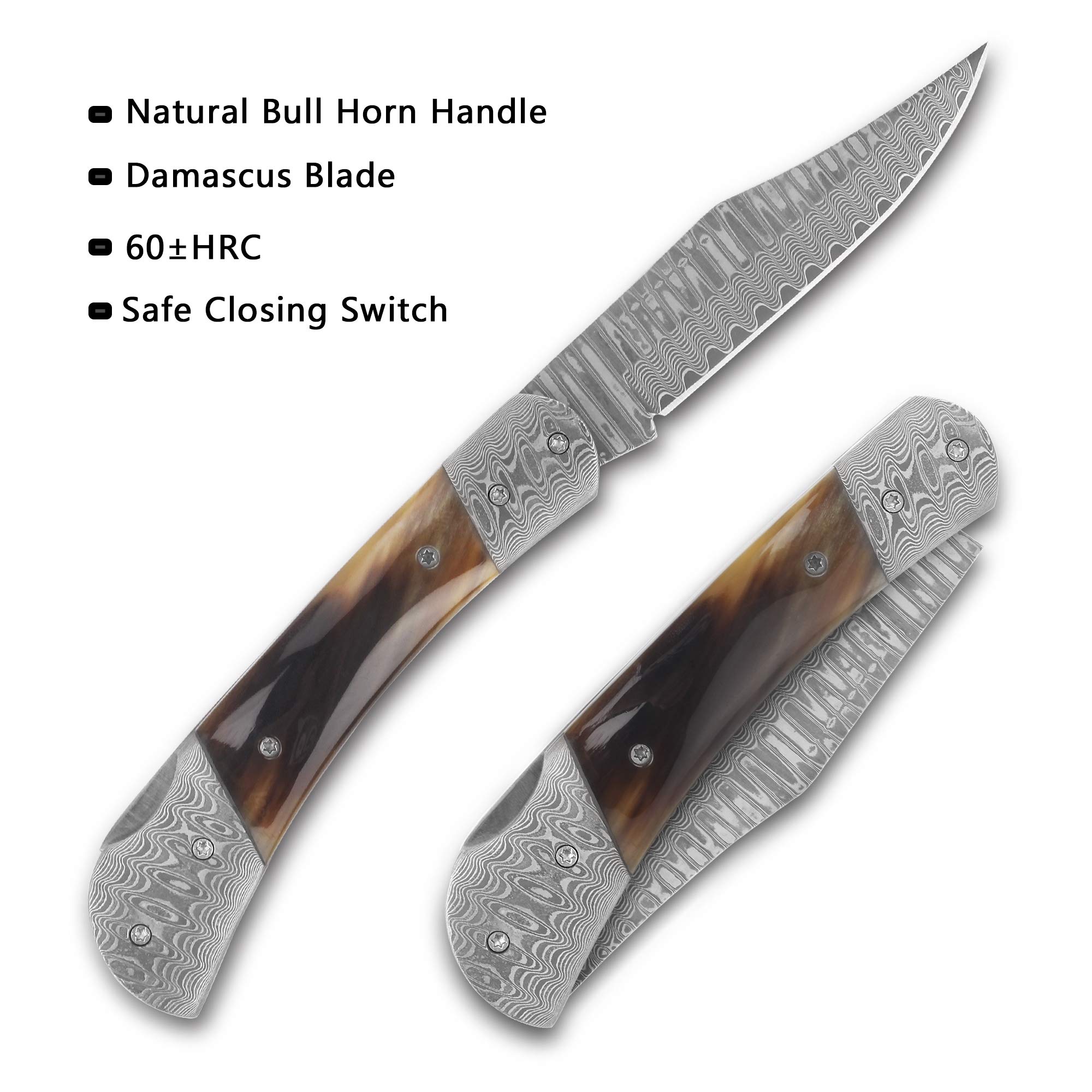 YOUSUNLONG Pocket Folding Knife Overall 195mm - Damascus Steel Blade - Bull Horn Handle