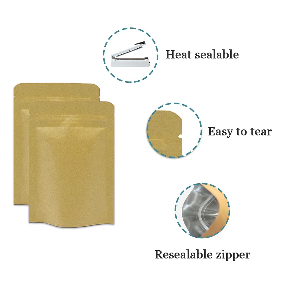 Mylar Bag Kraft Paper Foil Inner Self Standing Resealable Zipper Lock Pouch Food Stand Up Bags for Zip Packing Candy Biscuits Lock Food with Notch (50, 4.3x7.3 inch)