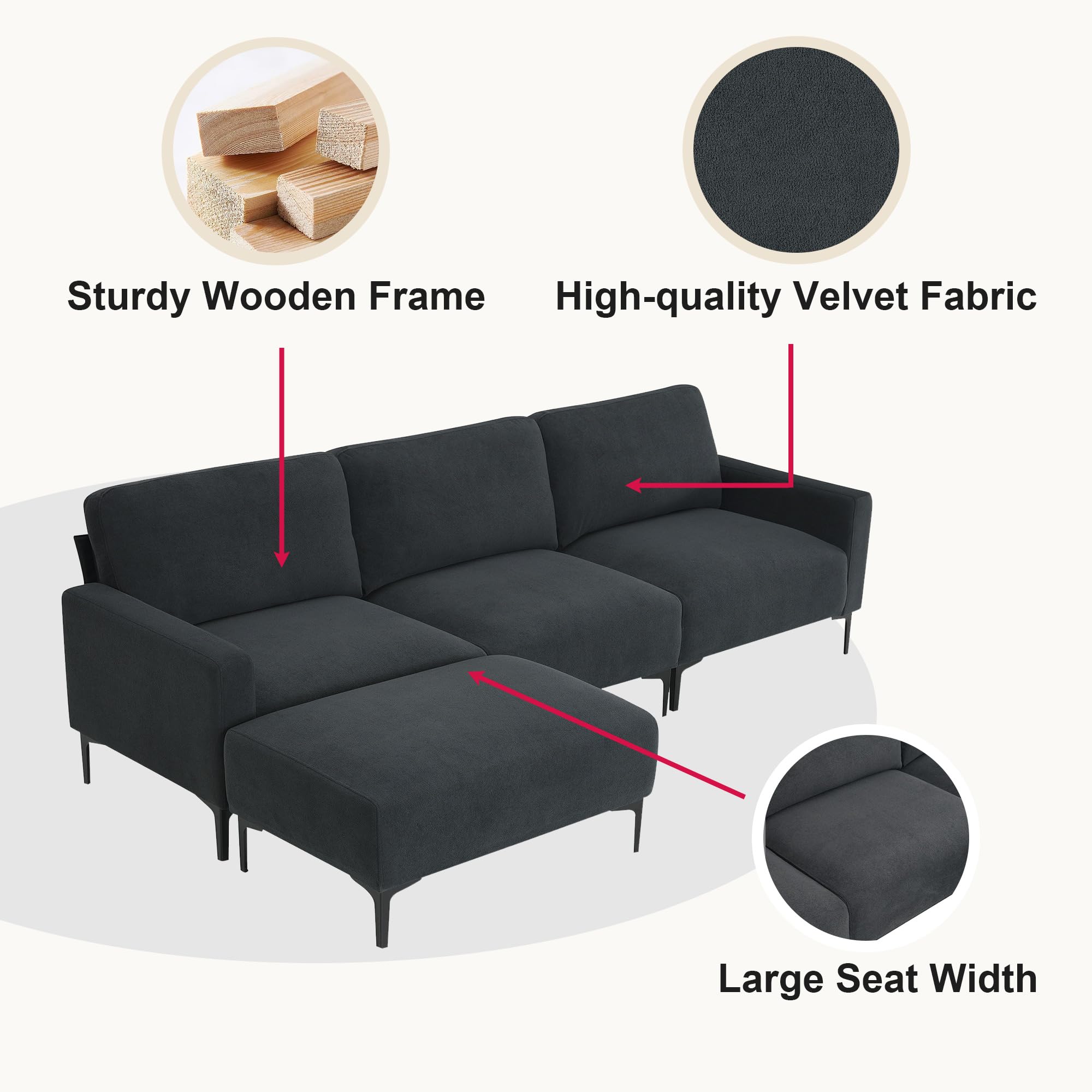 Sectional Sofa with Convertible Ottoman, Modern Velvet Fabric Couch Set for Living Room, Apartment, Office, L-Shaped