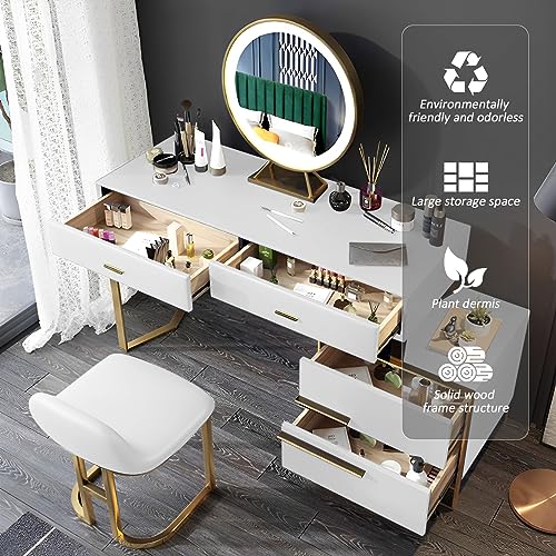 IKuinen Makeup Vanity - Vanity Set with Mirror and Lights, Women Dresser Table with Multifunctional Nightstand, 4 Drawer, Leather Wrapped, Stool, Minimalist and Stylish Dressing Table - 47.2In/White