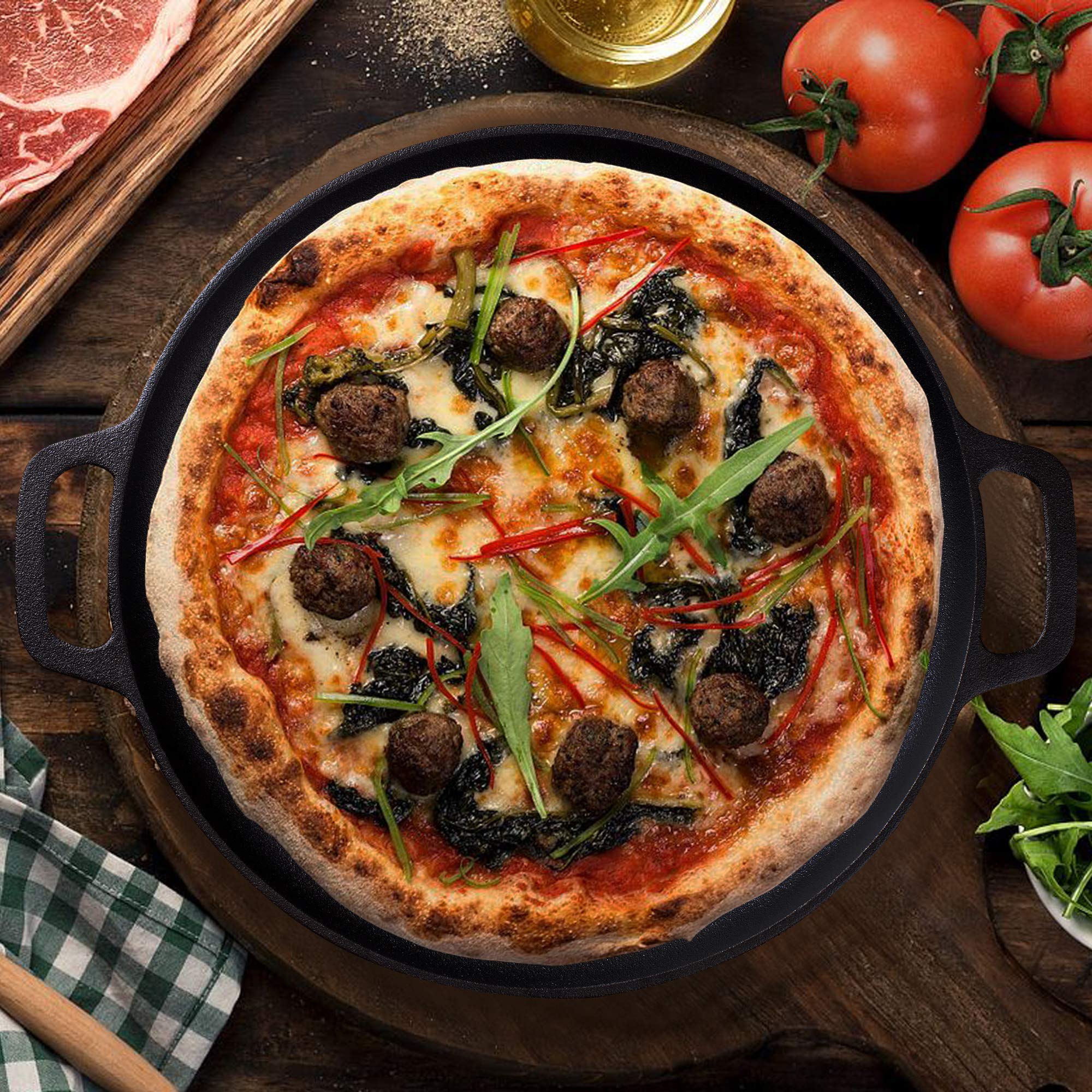 Max K 14-Inch Pizza Pan with Handles - Preseasoned Cast Iron Cooking Pan for Baking, Roasting, Frying - Black