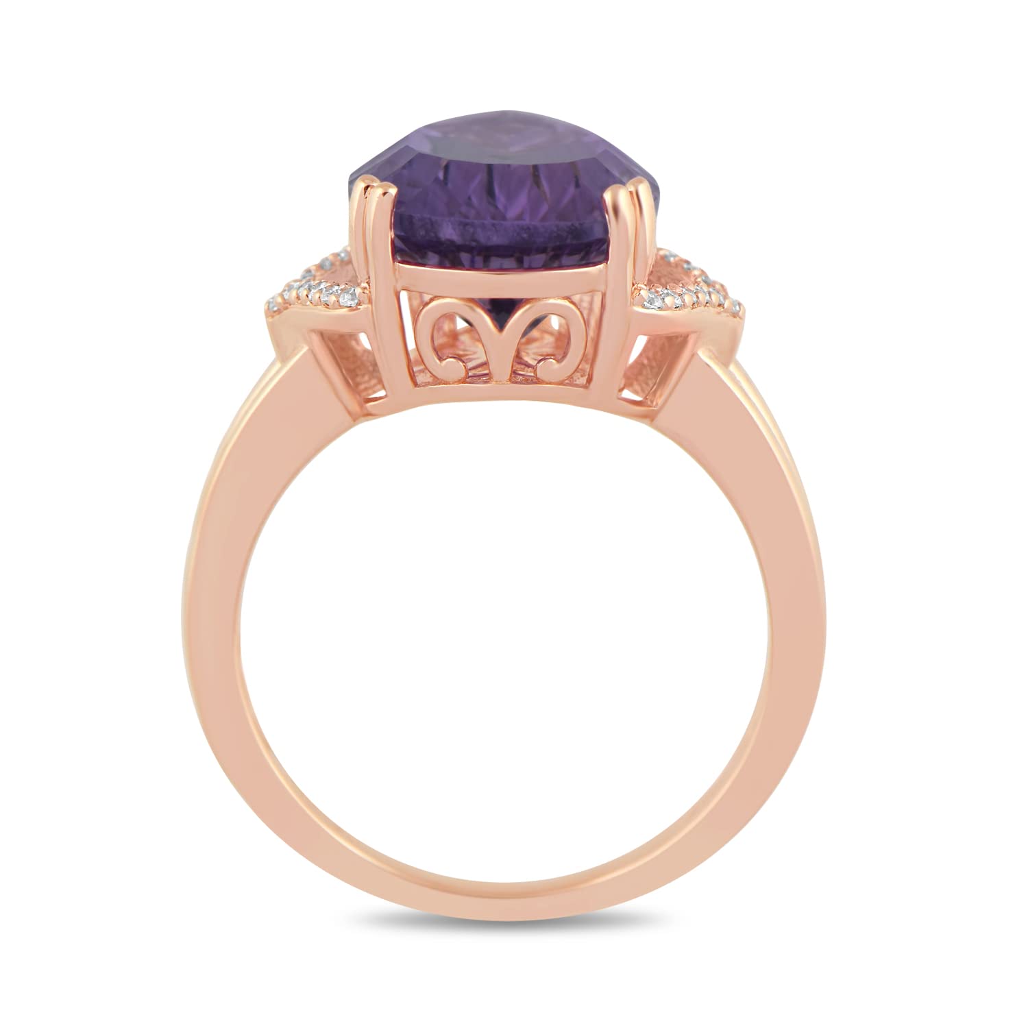Jewelili 10K Rose Gold 14x10 MM Concave Pear Shape Amethyst and Natural White Round Diamond Accent Ring, Size 7