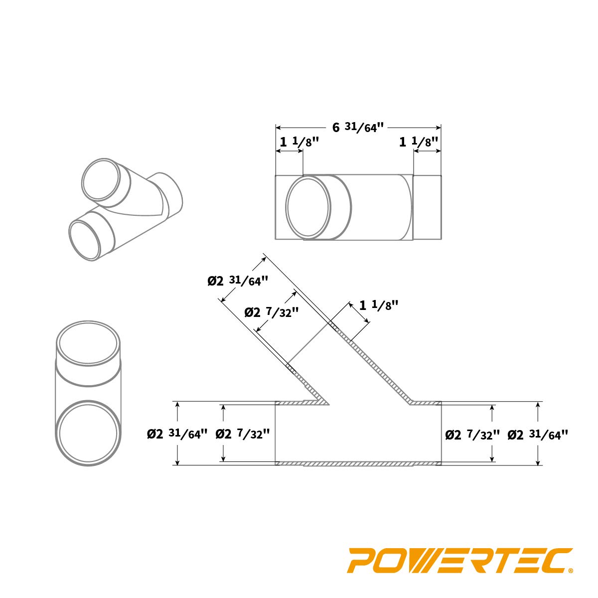 POWERTEC 70228 2-1/2 Inch Y-Fitting Dust Collection Hose Connector, Clear Color