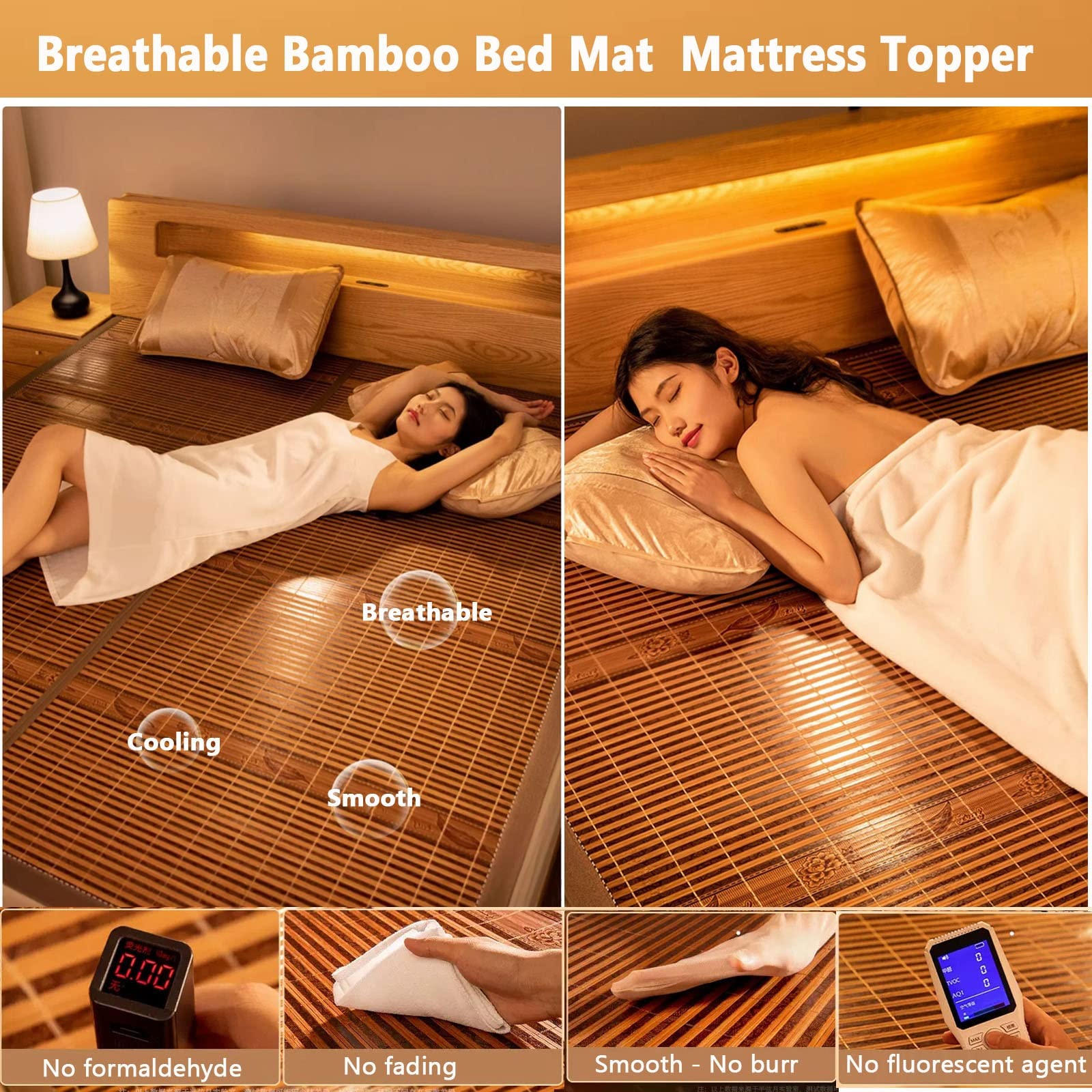 Summer Cooling Bamboo Sleeping Mat, Double-Sided Single/Twin/Queen Folding Mattress Topper Pad,Breathable Smooth Bed Sheet Air Conditioning Mat，Summer Bedding for Home School Dorm(with Pillowcase) (S
