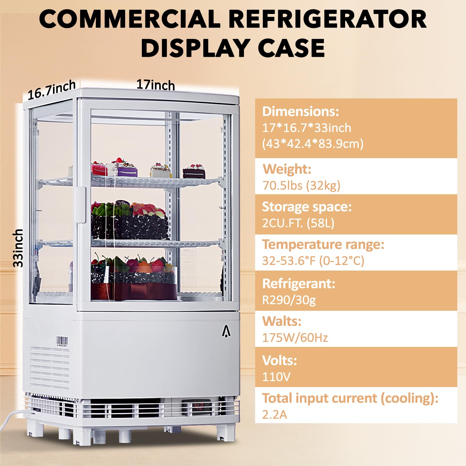 Takywep Commercial Refrigerator Display Case 2 Cu.FT, Two Glass Door Display Refrigerator Display Fridge, Countertop/Floor Refrigerator with LED Lighting, Adjustable Shelves, Double-Layered Glass