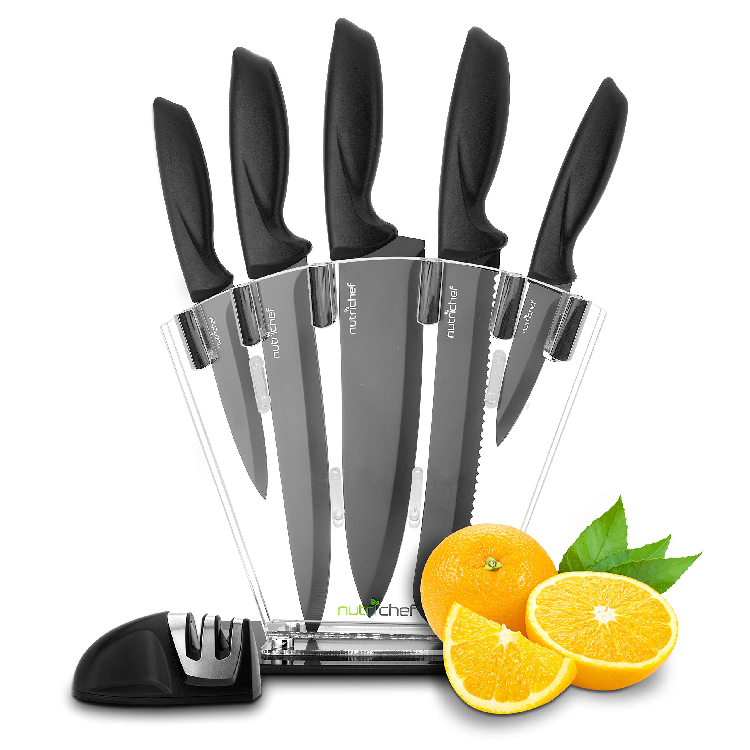 NutriChefKitchen 7 Piece Kitchen Knife Set - Stainless Steel Kitchen Precision Knives Set w/ 5 Knives & Bonus Sharpener, Acrylic Block Stand - Cutting Slicing, Chopping, Dicing - NCKNS7X.5