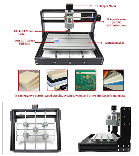 RATTMMOTOR CNC 3018 PRO CNC Wood Router Machine Kit GRBL Control 3 Axis DIY Mini CNC Engraver Milling Machine+GRBL Offline Controller+775 Spindle Motor ER11 for Carving Acrylic PVC PCB Plastic Wood