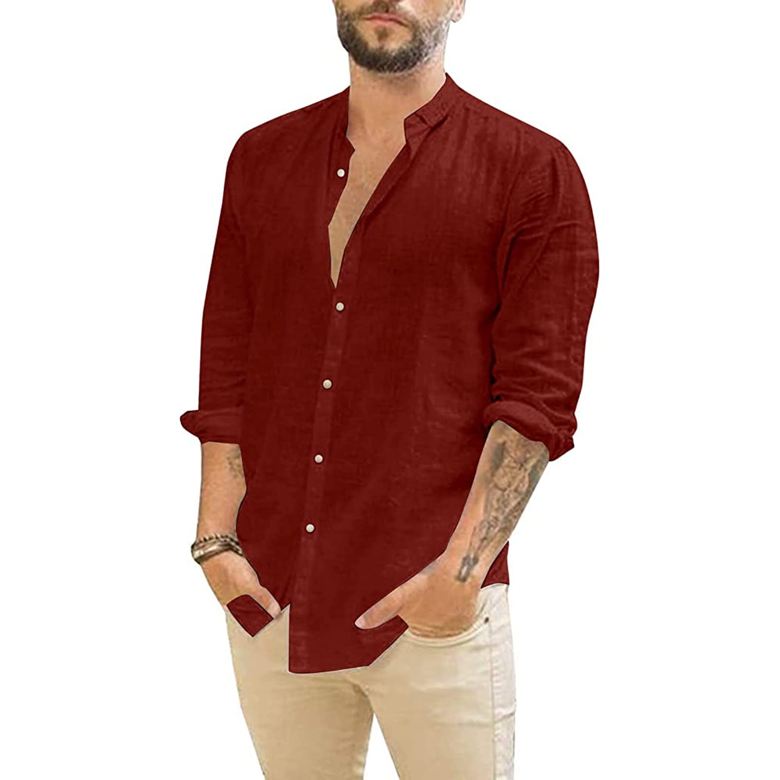 Men's Linen Cotton Shirt Casual Button Down Long Sleeve Tops Summer Beach Shirt Regular Fit Chambray Shirt Tops WineRed XL