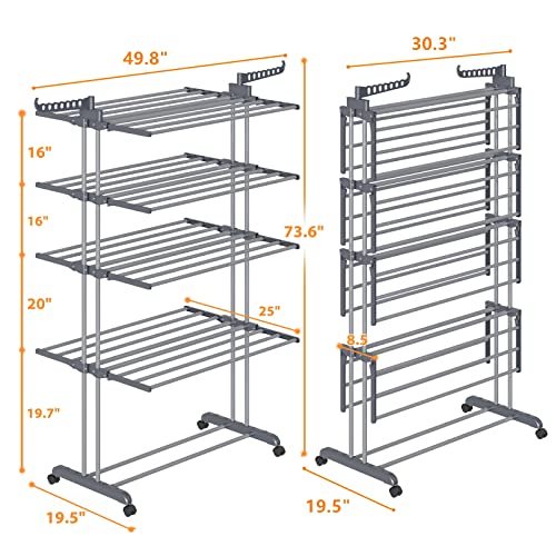 Raybee Clothes Drying Rack Folding Indoor 5-Tier 73.6" H Laundry Drying Rack Oversized Drying Rack Clothing Foldable Clothes Rack Drying with Wheels Outdoor Use