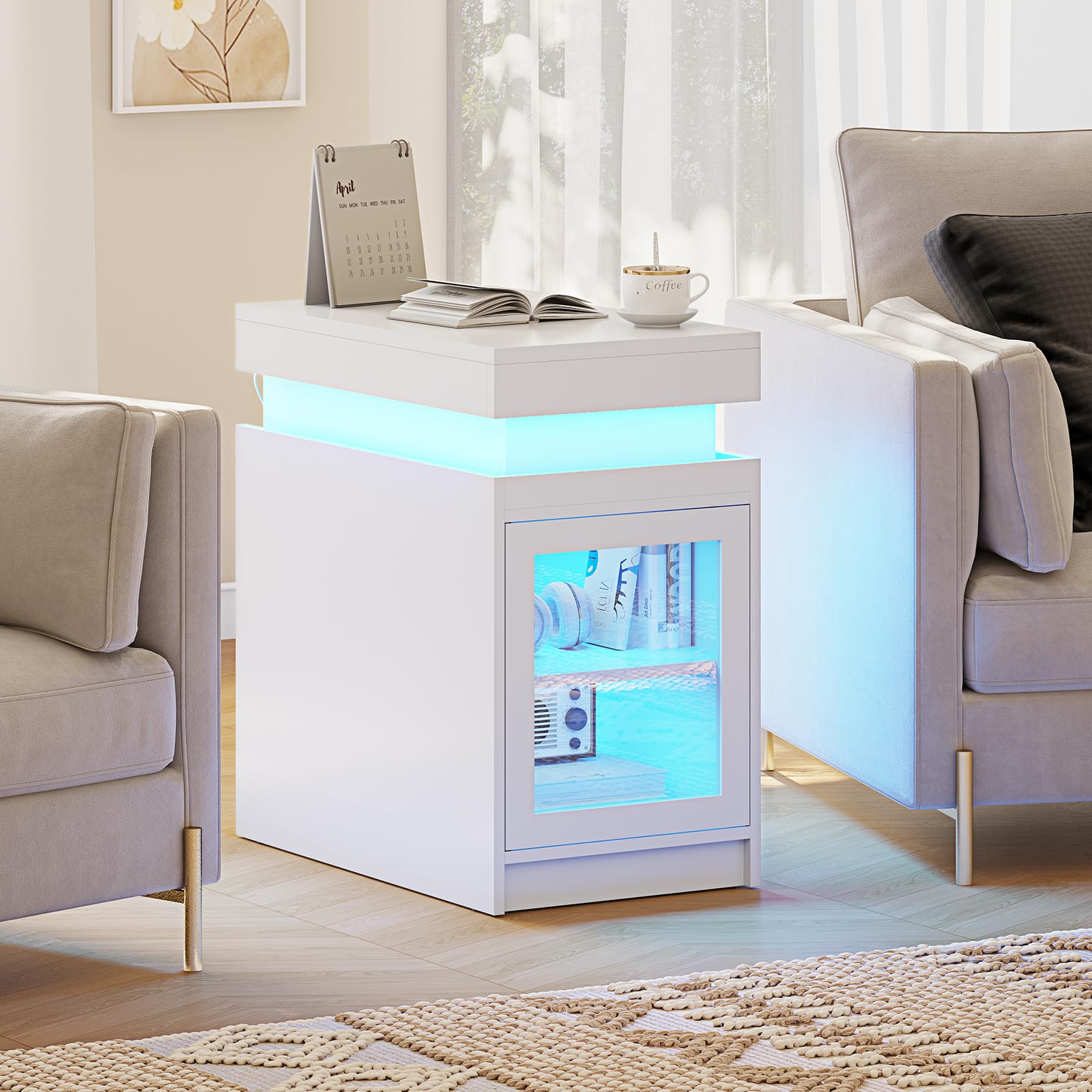 SEDETA End Table with Charging Station, Narrow Side Table with Sliding Top Storage for Small Spaces, Nightstand with Storage Shelves and LED Lights for Bedroom, Bedside Table for Living Room, White
