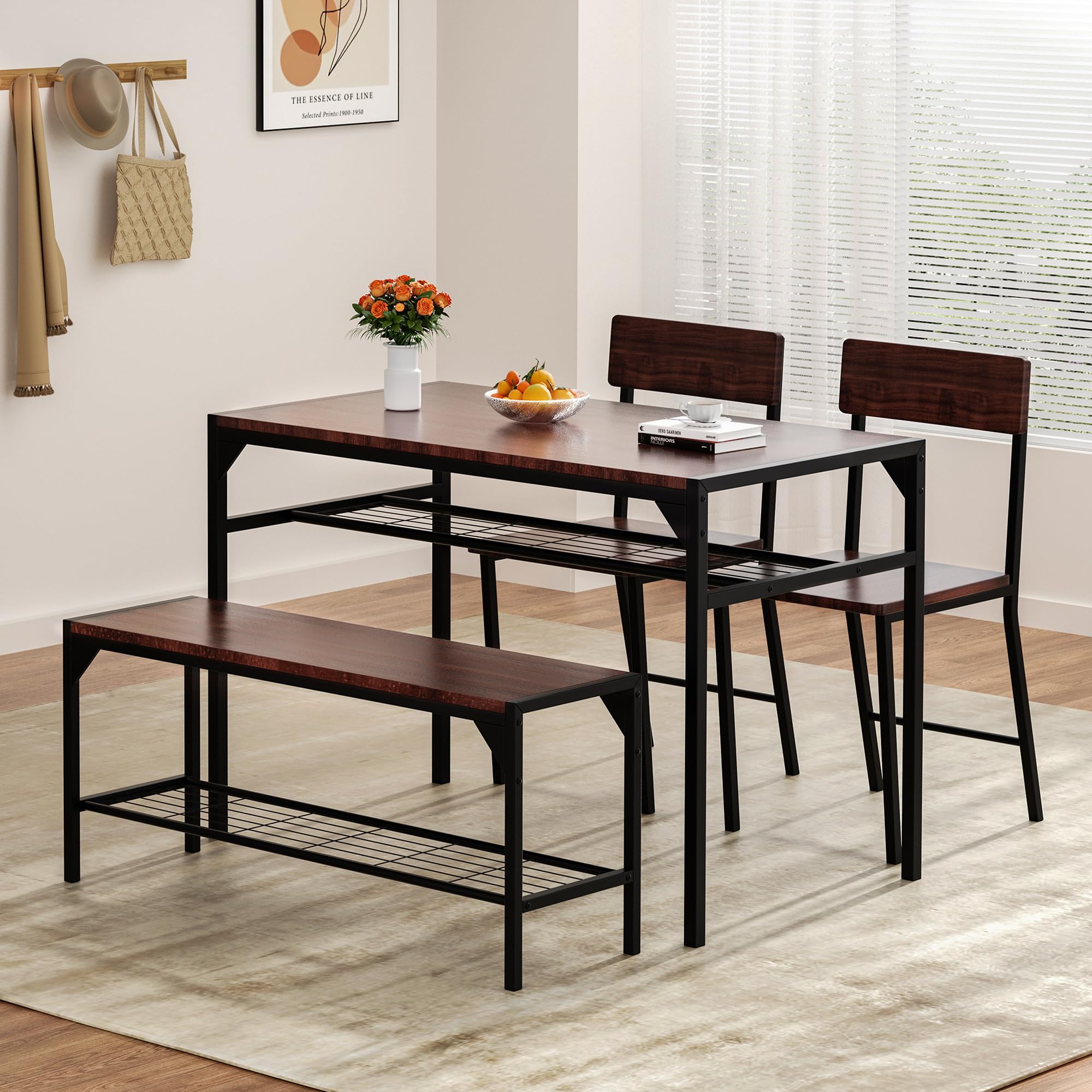 Shintenchi Kitchen Table Chairs Set of 4, Dining Table Set for 4 with Bench and Chairs, 4 Pieces Kitchen Table Set with Storage Rack & Metal Frame for Small Space, Brown