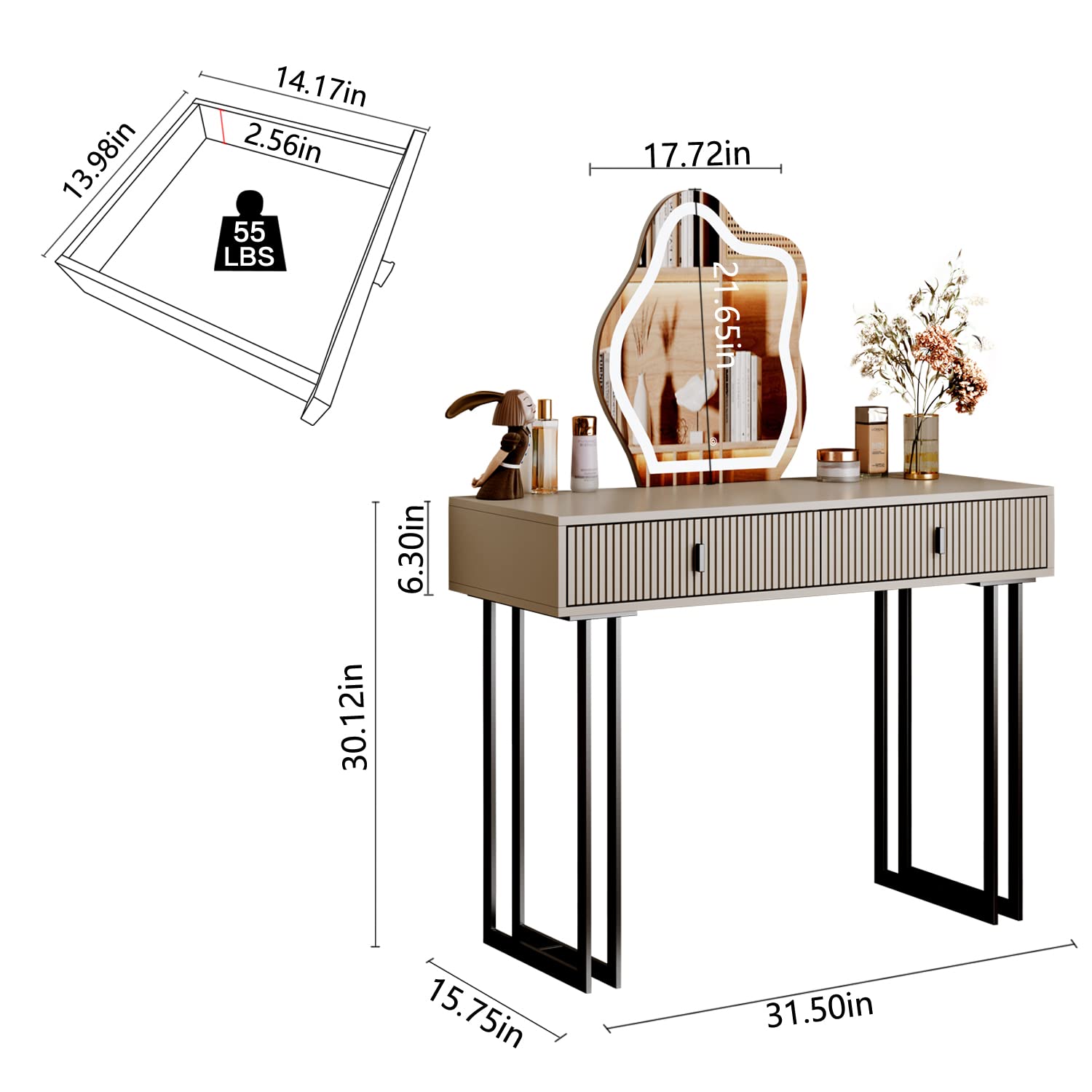 Ieejdn Vanity Desk with 3 Color Touch Screen Dimming Mirror, Modern Makeup Dressing Table with Adjustable Cabinet and 2 Sliding Drawers, Vanity Table Set for Makeup Room, Bedroom
