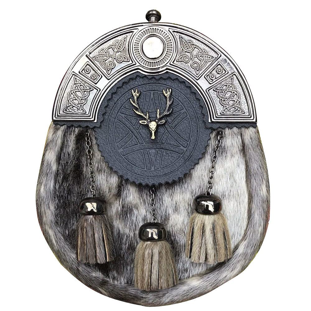 Kilt Belt with Buckle Scottish Kilts Sporran with Badge Style Stag Head/Kilt Pin/Fly Plaid Brooch 5 piece Set (Large)
