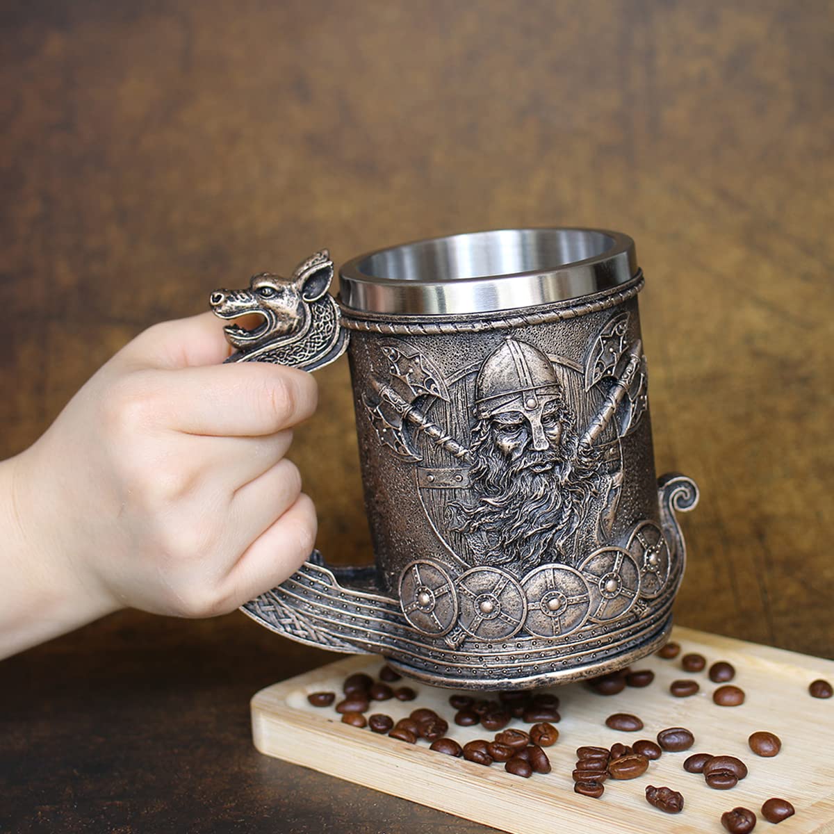 Ottalent Noric Viking Ship Draon Drakkar Beer Mug Stainless Steel Liner, Bronze Color Viking Warrior Coffee Cup Stein for Collectible Gift 17oz.