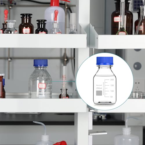 stonylab Graduated Storage Bottles with GL45 Screw Cap, 500 ml Borosilicate Glass Clear Round Lab Reagent Media Storage Bottles with Blue Screw Cap, 1 Pack