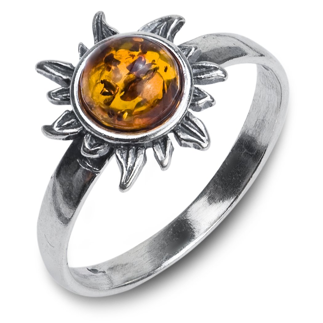 Honey Amber Sterling Silver Sun Ring, size 6